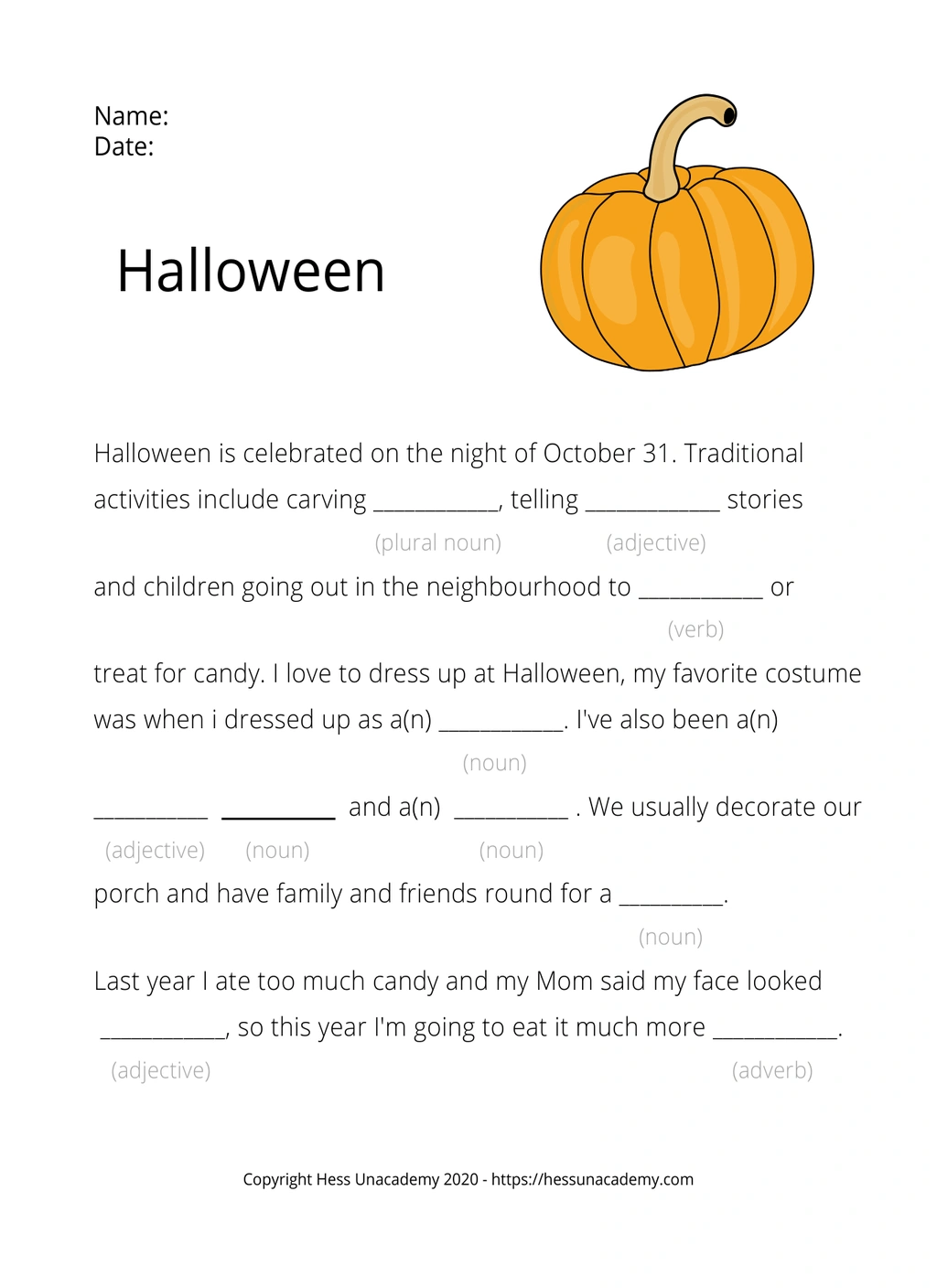Fill in the Blank Halloween - Hess UnAcademy