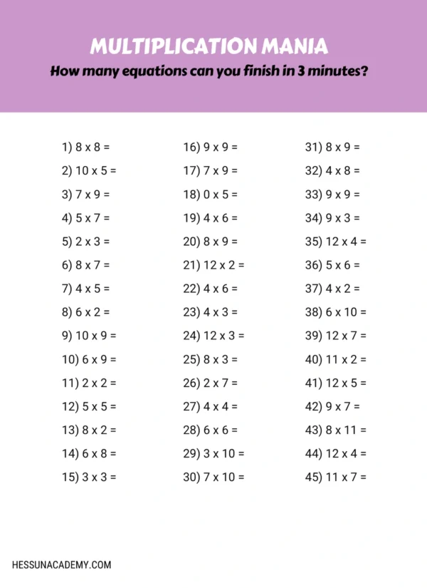 Multiplication Horizontal Single Digits - Hess UnAcademy
